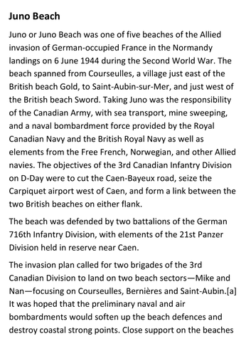 Juno Beach D Day Handout | Teaching Resources