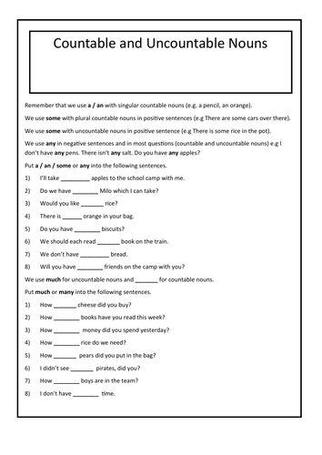 A/AN/SOME/ANY Countable and Uncountable Nouns Practice Exercise and ... A/AN/SOME/ANY Countable and Uncountable Nouns Practice Exercise and ...