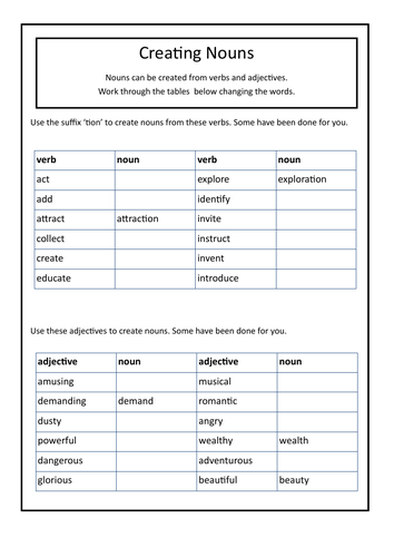 Creating NOUNS from VERBS and ADJECTIVES | Teaching Resources