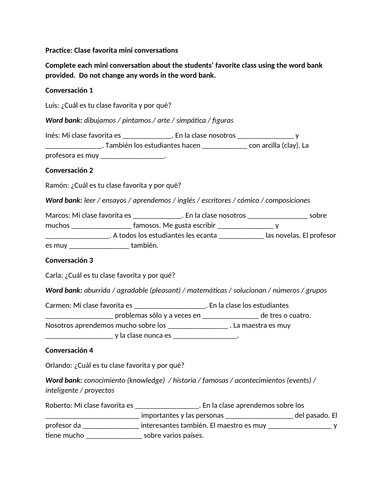 Clase favorita mini conversations practice | Teaching Resources