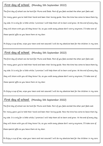First day poem for parents | Teaching Resources
