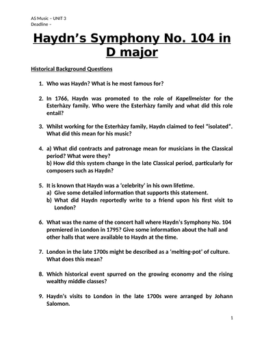 Haydn's Symphony No. 104 Analysis Questions (Movements 1-4) | Teaching ...