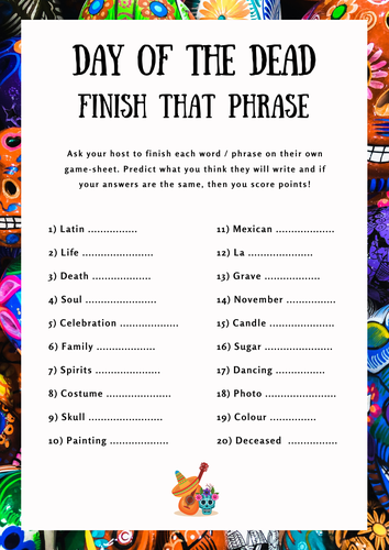 Day of the Dead Finish That Phrase Game Sheet. Halloween Quiz ...