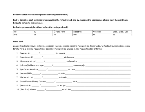 Reflexive verbs activity with sentence completion | Teaching Resources