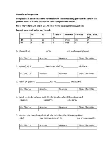 Go verbs review practice worksheet | Teaching Resources