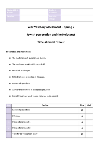 Jewish Persecution Holocaust Assessment | Teaching Resources