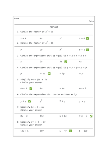Foundation GSCE AQA Factors Worksheet | Teaching Resources