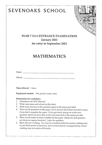 Seven Oaks 11+ 2021 Maths paper | Teaching Resources
