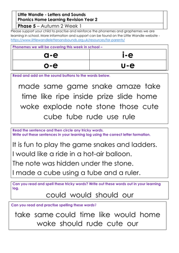 Year 2 Little Wandle Phonics Revision Homework Autumn 2 Phase 5 ( 7 ...