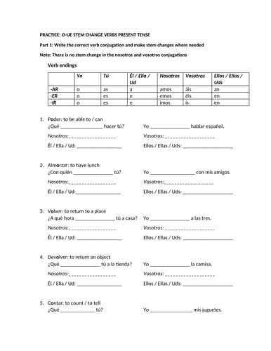 O-UE stem change verbs practice present tense | Teaching Resources