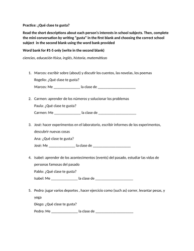 Que clase te gusta worksheet | Teaching Resources
