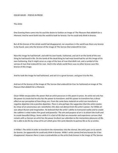 Oscar Wilde - Poems in Prose THE ARTIST an overview ENGLISH LITERATURE ...