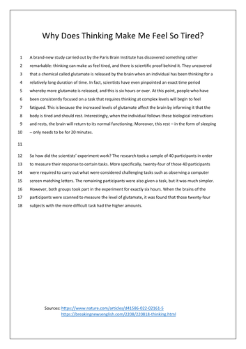 Reading Comprehension Activity - Why Does Thinking Make Me Feel So ...