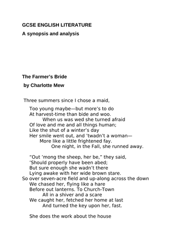 GCSE ENGLISH LITERATURE LESSON PLAN CHARLOTTE MEW'S THE FARMER'S BRIDE ...