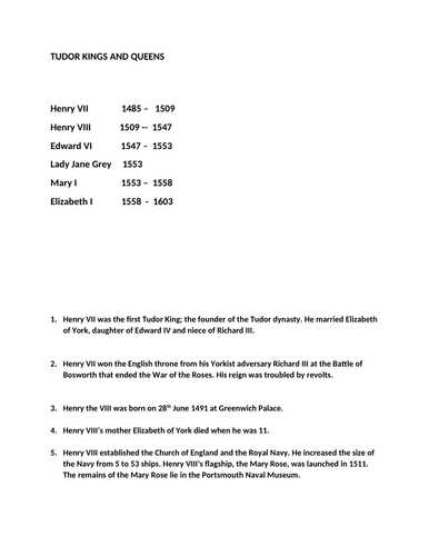 YEAR 6 HISTORY LESSON - facts about the Tudor Kings and Queens ...