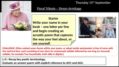 Floral Tribute for Queen Elizabeth II by Simon Armitage KS4 English ...
