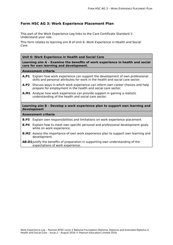 Guide for Unit 6 Work Experience (AG_3 form) | Teaching Resources
