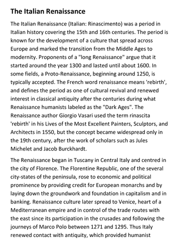 The Italian Renaissance Overview Handout | Teaching Resources