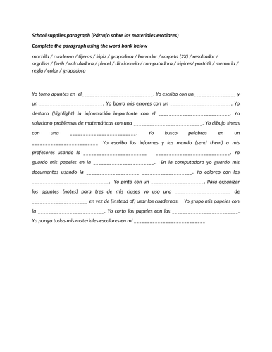 Las materiales escolares (school supplies) paragraph | Teaching Resources Las materiales escolares (school supplies) paragraph | Teaching Resources