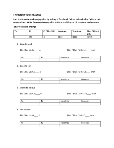 I-Y preterit conjugation and sentences worksheet | Teaching Resources