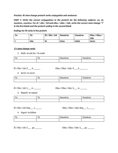 IR stem change preterit conjugation and sentences worksheet | Teaching ...