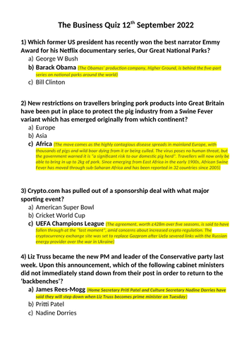 Business Quiz with answers and commentary September 2022 | Teaching ...