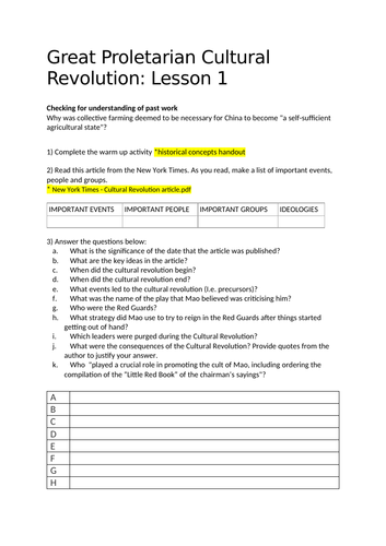 Chinese Nationalism: Cultural Revolution Lesson 1 | Teaching Resources
