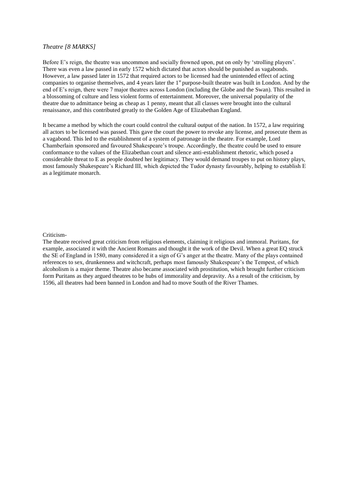 Gcse Aqa History Model 8 Mark Elizabethan Theatre Teaching Resources