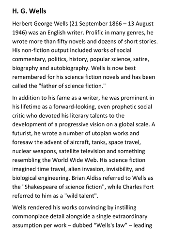 HG Wells Handout | Teaching Resources