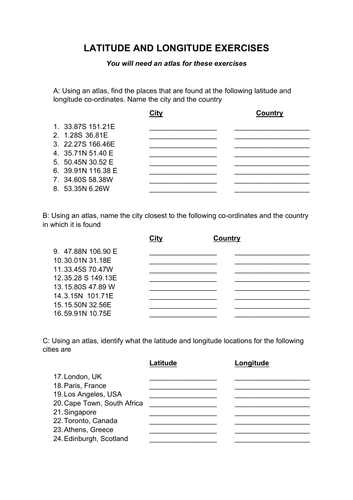 Latitude and Longitude exercise sheet - single lesson/cover/relief ...