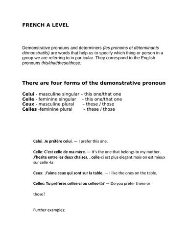 Year 12 AS level French - Demonstrative Pronouns - Celui / Celle ...