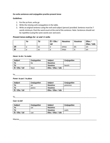 Go verbs sentences and conjugation practice | Teaching Resources