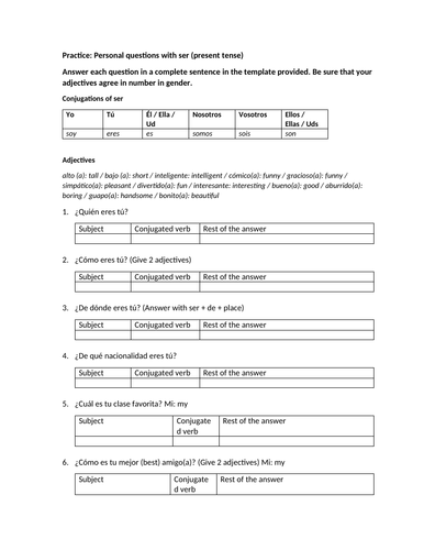 Ser personal questions practice | Teaching Resources