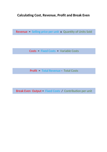 Calculating Cost, Revenue, Profit and Break Even | Teaching Resources