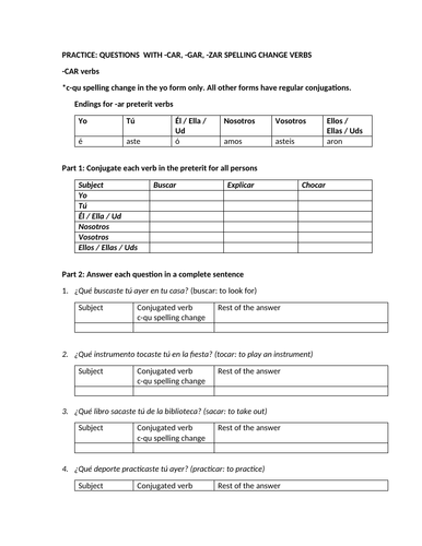 Preterit spelling change verbs questions practice | Teaching Resources