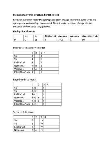 Stem change verbs e-i conjugation practice | Teaching Resources