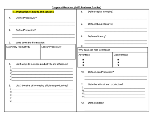 Operations management section 4 revision worksheet complete | Teaching ...