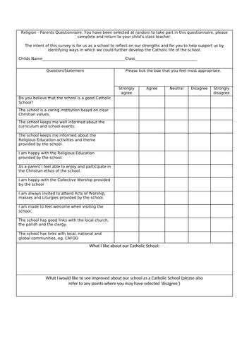 Parents Questionnaire Catholic School | Teaching Resources