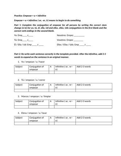 Empezar a infinitive practice present tense | Teaching Resources