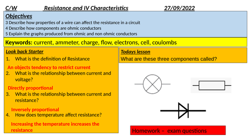 Resistance and IV characteristics GCSE PHYSICS | Teaching Resources