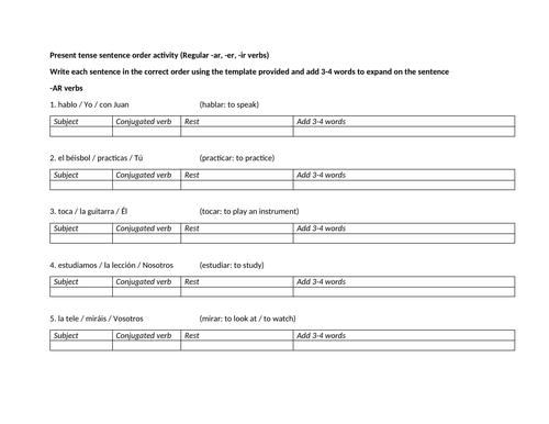 Present tense sentence order activity regular verbs | Teaching Resources