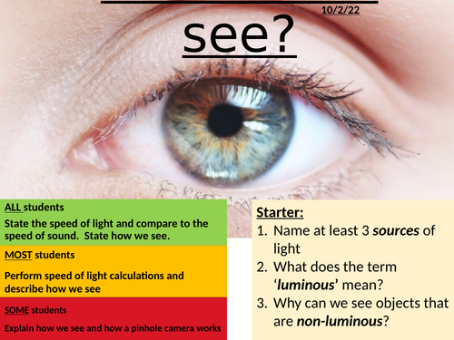 KS3 physics speed of light and how we see, eye structure | Teaching ...
