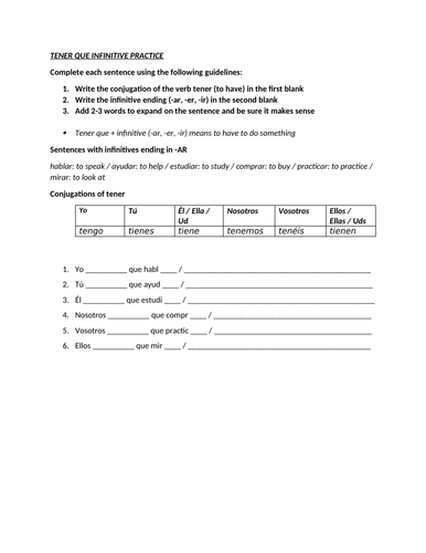 Tener Practice Worksheet Tener Que Infinitive Quick Practice