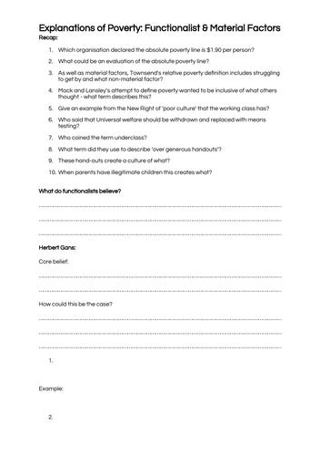 Material Explanations of Poverty- A-Level Sociology | Teaching Resources