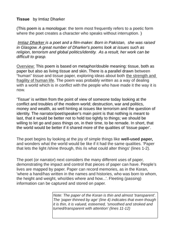 TISSUE Imtiaz Dharker | Teaching Resources
