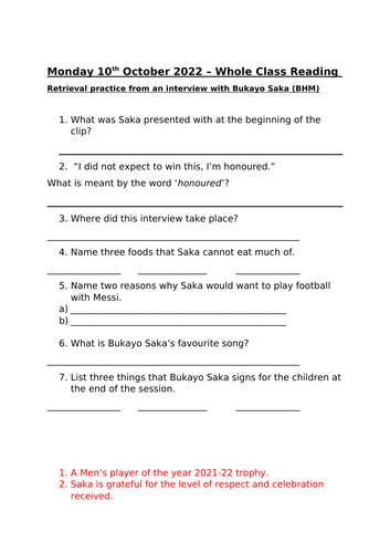 Bukayo Saka Interview - Retrieval Questions | Teaching Resources Bukayo Saka Interview - Retrieval Questions | Teaching Resources