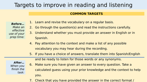 Targets to improve in Listening and Reading tasks | Teaching Resources