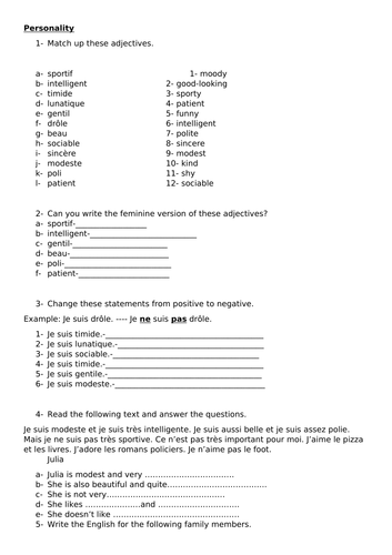 Y9 - Personality Worksheet - French | Teaching Resources Y9 - Personality Worksheet - French | Teaching Resources