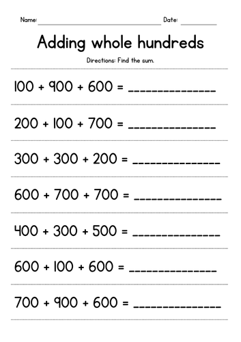Adding Whole Hundreds (three addends) | Teaching Resources