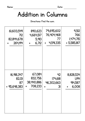 Adding Four Large Numbers in Columns - Addition Worksheets | Teaching ...
